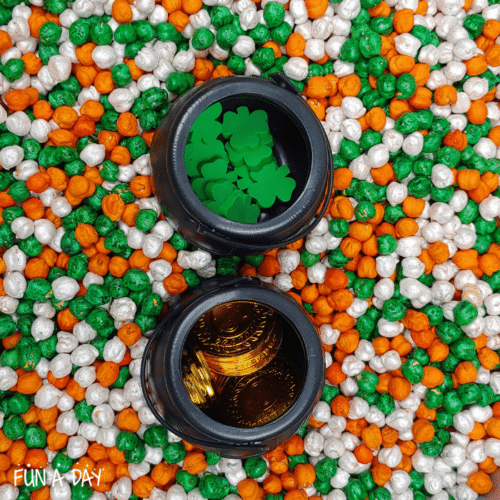 St. Patrick's Day Sensory Bin with Dyed Chickpeas - Fun-A-Day!