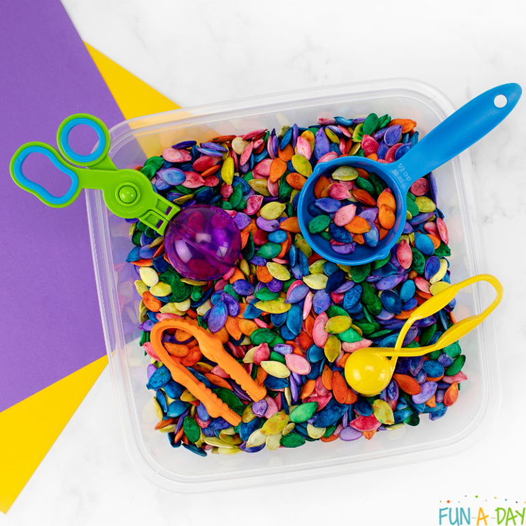 Colorful Pumpkin Seed Sensory Bin - Fun-A-Day!